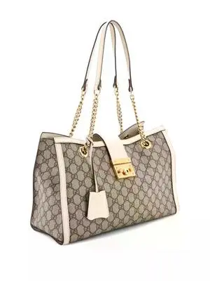 Gucci Padlock Chain Gg Coated Canvas With Leather Medium Tote Bag - Neutrals