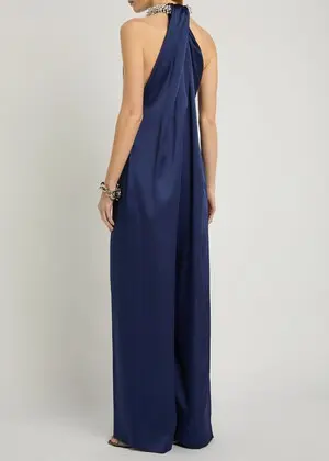 Stella McCartney Draped Faux Pearl-embellished Satin Jumpsuit - Navy