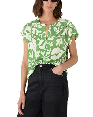 Whistles Floral Print Keyhole Top - Green/multi