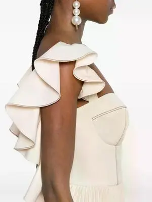 PARLOR Ruffled Pleated Midi Dress - Neutrals
