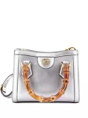 Gucci Diana Mini Leather Tote With Bamboo Handle And Crossbody Strap - Silver