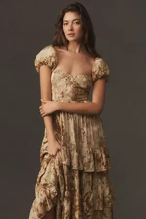 Bhldn Lurex Printed Tiered Puff-sleeve Dress - Chocolate