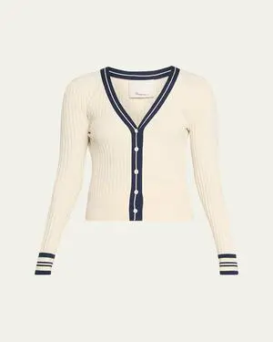 3.1 Phillip Lim Textured Rib V-Neck Cardigan - Ecru/navy