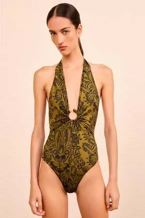 Ulla Johnson Milos Halter Maillot With Ring Detail - Olive Flora