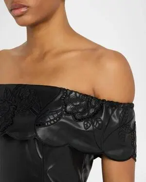 TOCCIN Mariana Embroidered Faux Leather Top - Jet