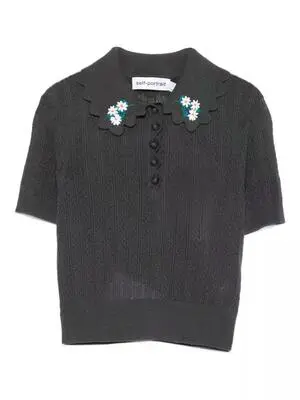 SELF-PORTRAIT Floral-appliqué Knit Polo Shirt