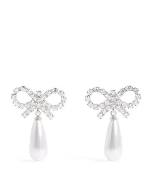 SELF-PORTRAIT Crystal And Faux Pearl Bow Drop Earrings - Silver