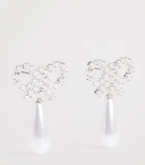 SELF-PORTRAIT Crystal And Faux Pearl Bow Drop Earrings - Silver