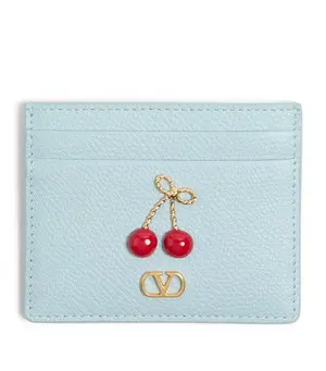 Valentino Garavani Grained Leather Vlogo Signature Cherry Card Holder - Blue