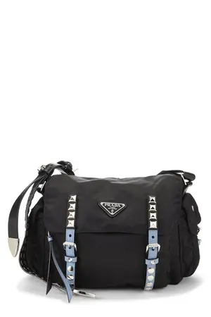 Prada Nylon Studded Buckle Flap Messenger Bag - Black