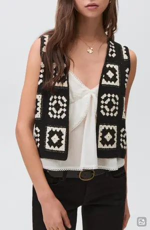 Mango Granny Square Crochet Knit Vest - Black