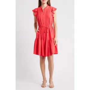 Julia Jordan Flutter-sleeve Shirtdress - Coral