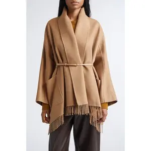 Max Mara Abilita Fringed Belted Hair Cape Jacket - Camel