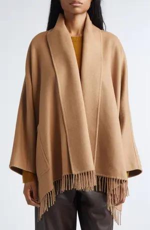 Max Mara Abilita Fringed Belted Hair Cape Jacket - Camel