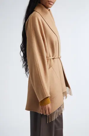 Max Mara Abilita Fringed Belted Hair Cape Jacket - Camel