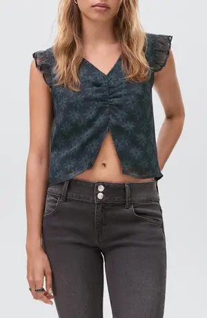 Mango Ruched Floral Top - Navy Multi