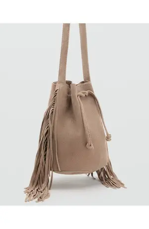Mango Fringed Suede Bucket Bag