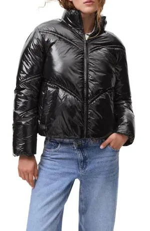 Mango Shiny Chevron Quilted Puffer Coat - Black