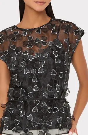 MILLY Ryan Clover Bow Rhinestone Organza Top