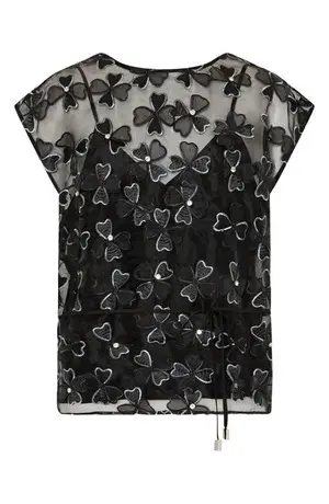 MILLY Ryan Clover Bow Rhinestone Organza Top