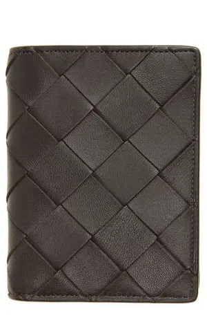 Nordstrom Woven Leather Bifold Card Case - Brown Coffee