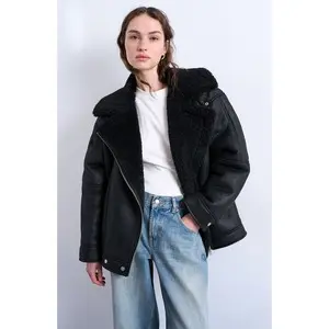 Topshop Faux Shearling Oversized Aviator Jacket - Black