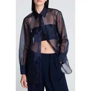 KENNETH COLE Oversized Sheer Organza Button-up Shirt - Dark Navy