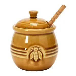 STORIED HOME Farmhouse Embossed Stoneware Honey Pot With Wood Honey Dipper - Brown