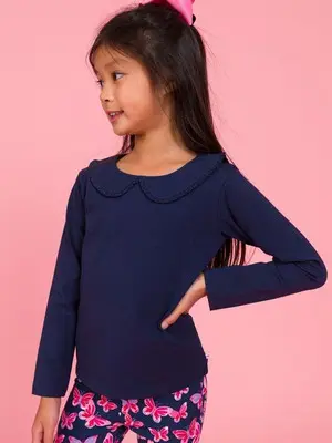 RUFFLEBUTTS Knit Long Sleeve Ruffle Peter Pan Tee - Dark Navy