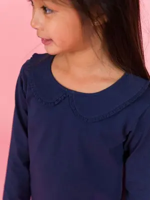 RUFFLEBUTTS Knit Long Sleeve Ruffle Peter Pan Tee - Dark Navy