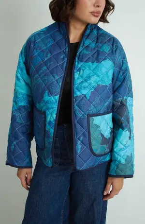FLORENCIA DAVALOS Marcia Reversible Quilted Jacket - Floral Camo Blue And Green