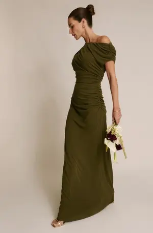 SIX STORIES Draped Slash Neck Maxi Dress - Fern