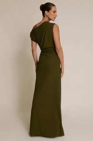 SIX STORIES Draped Slash Neck Maxi Dress - Fern