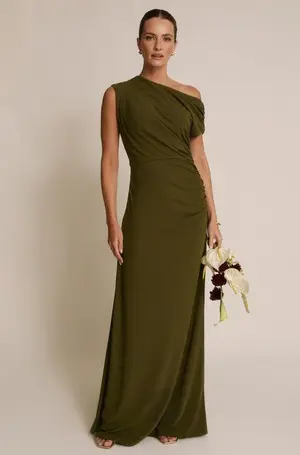 SIX STORIES Draped Slash Neck Maxi Dress - Fern
