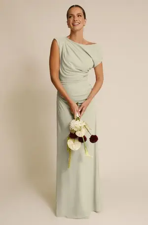 SIX STORIES Slash Neck Draped Bridesmaid Dress - Sage
