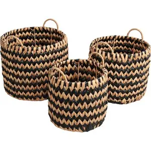 HAPPIMESS Cassia Handwoven Two-tone Water Hyacinth Nesting Storage Baskets With Handles - Black/natural