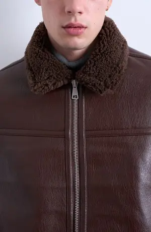 Topman Faux Shearling & Faux Leather Bomber Jacket - Brown