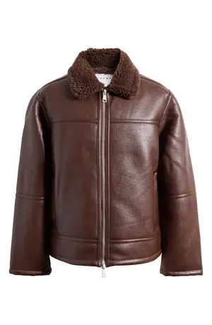 Topman Faux Shearling & Faux Leather Bomber Jacket - Brown