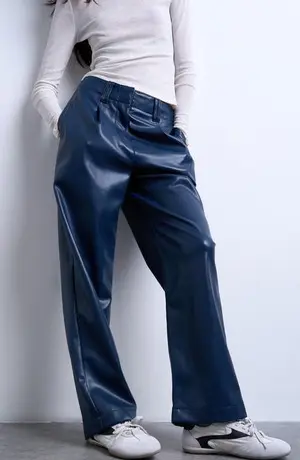 Topshop Pleated Straight-leg Faux Leather Trousers - Navy