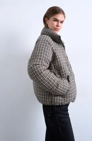 Topshop Micro Check Puffer Bomber Jacket