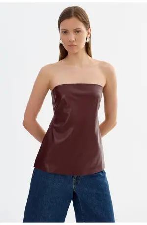 LAMARQUE Katya Faux Leather Strapless Top - Burgundy