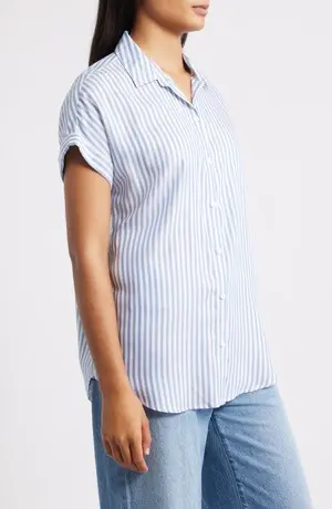 BEACHLUNCHLOUNGE Kenzie Stripe Short Sleeve Button-up Shirt - Dodger Blue
