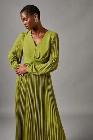 Coast Pleated Wrap Front Maxi Dress With Bishop Sleeves - Olive