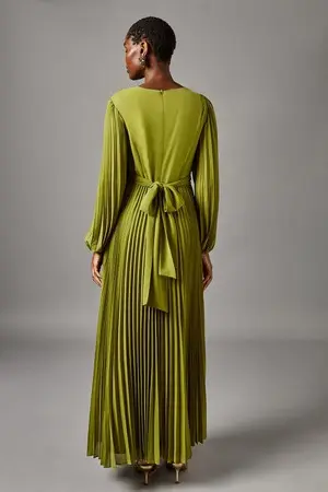 Coast Pleated Wrap Front Maxi Dress With Bishop Sleeves - Olive