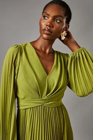 Coast Pleated Wrap Front Maxi Dress With Bishop Sleeves - Olive
