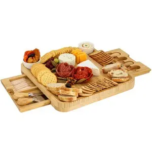 MEGACHEF Wood Charcuterie Cheese Board Set With Ramekins And Slide Out Cutlery Drawer - Bamboo