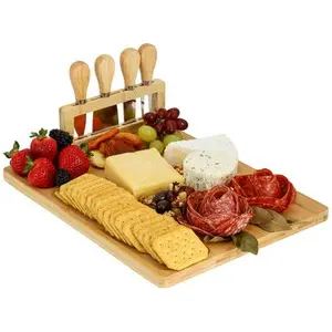 MEGACHEF Wood Charcuterie And Cheese Board With Knife Stand Attachment And 4 Piece Knife Set - Bamboo