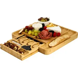 MEGACHEF Wood Charcuterie Cheese Board With Slide Out Drawer With Cheese Utensils, Bottle Opener - Bamboo