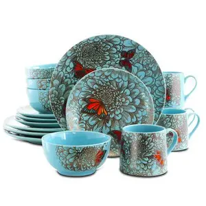 ELAMA Butterfly Garden 16 Piece Stoneware Dinnerware Set - Blue