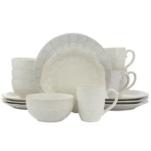 ELAMA Lace 16 Piece Luxurious Stoneware Dinnerware With Complete Setting For 4 - White